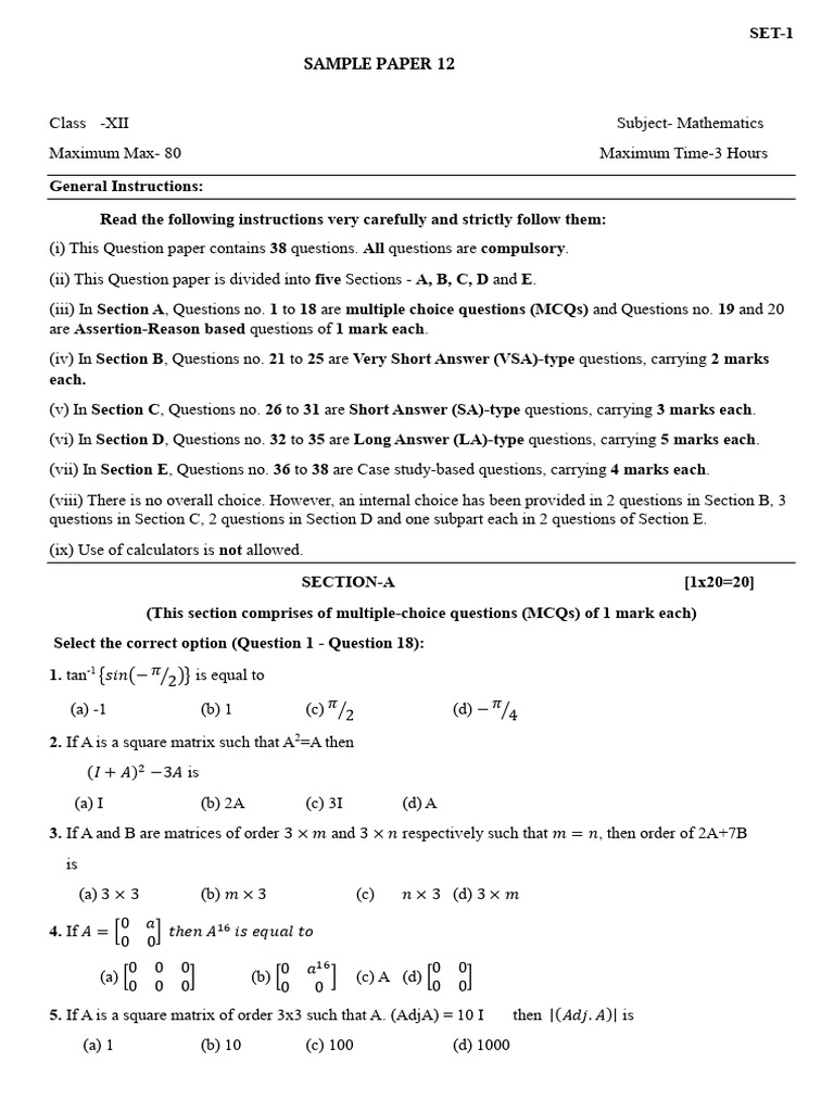 Sample Paper 12 | PDF | Multiple Choice | Equations