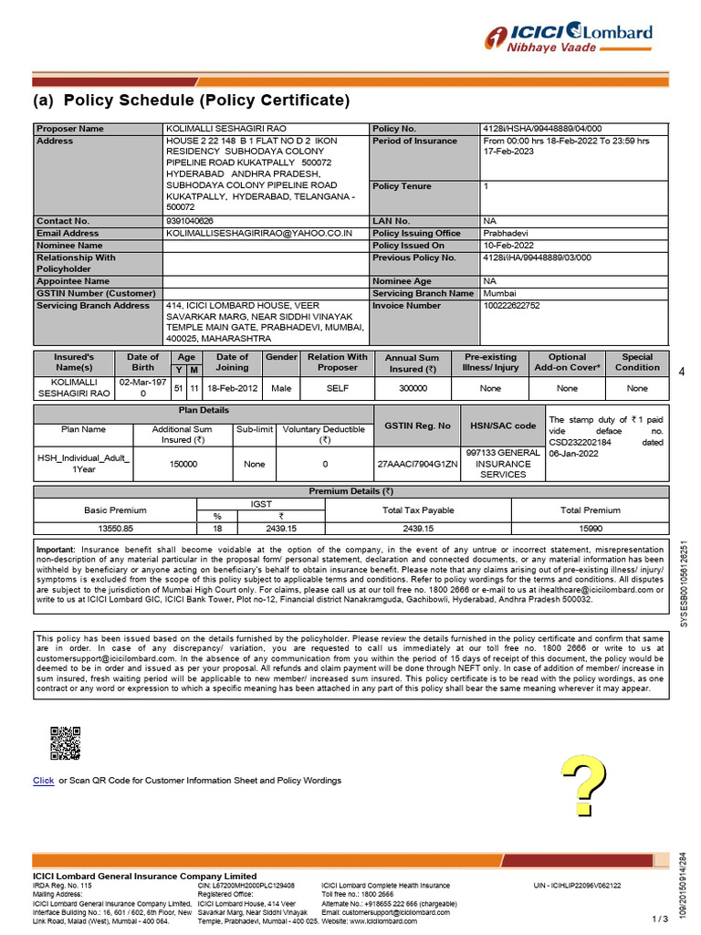 ICICI Lombard Health Insurance Policy | PDF | Insurance | Government ...