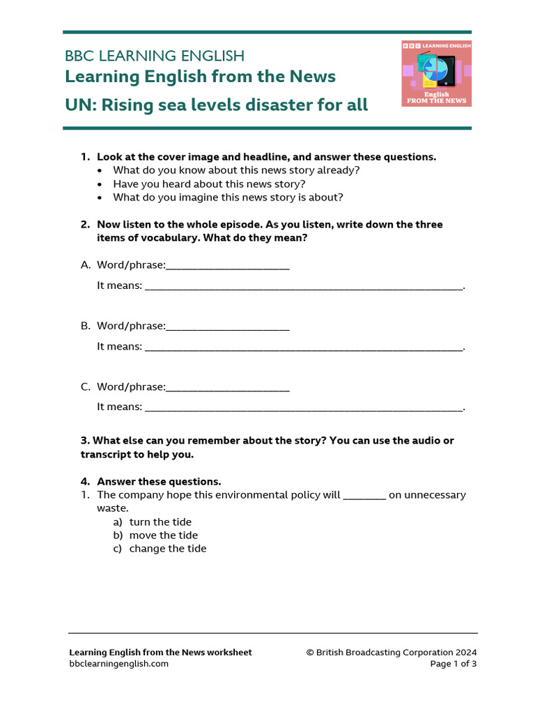 LEFTN Un Rising Sea Levels Worksheet | PDF | News | Human Communication