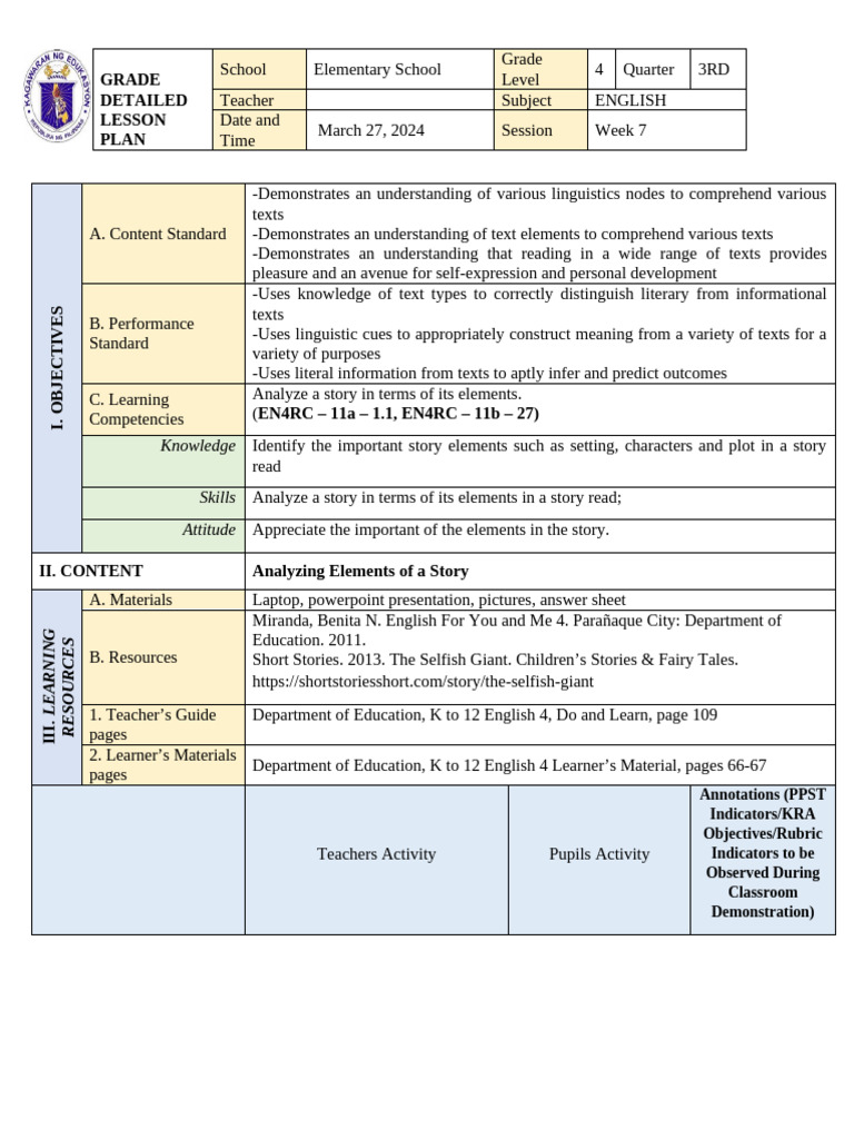 Analyzing Story Elements for Grade 4 | PDF | Learning | Pedagogy