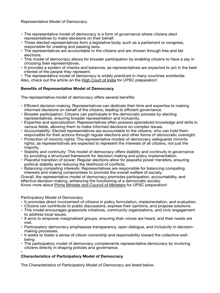 Representative Model of Democracy | PDF | Deliberation | Democracy
