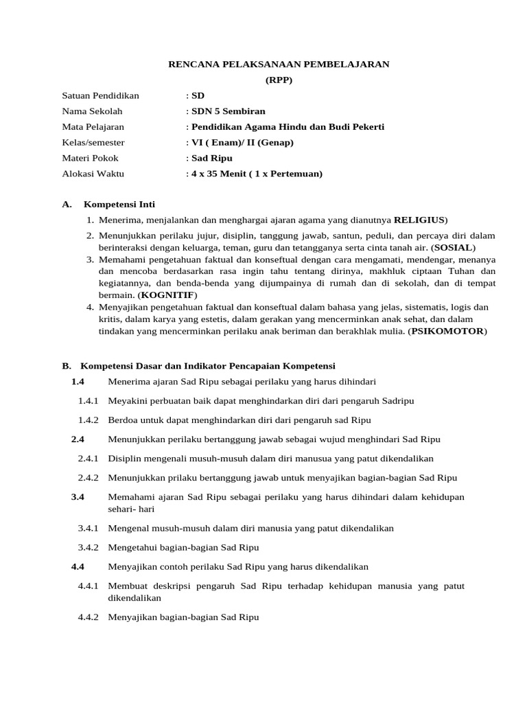 Revisi RPP Kls 6 Materi Sad Ripu | PDF