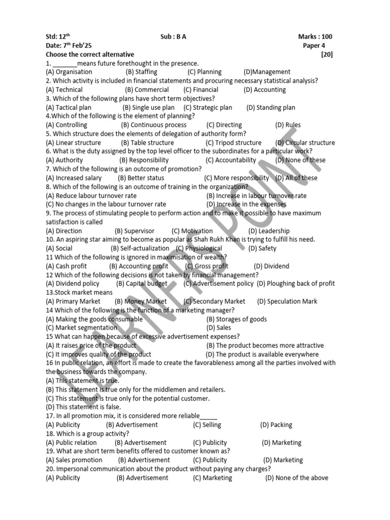 B.A. Paper 4 Exam - 12th Std | PDF | Marketing | Market (Economics)