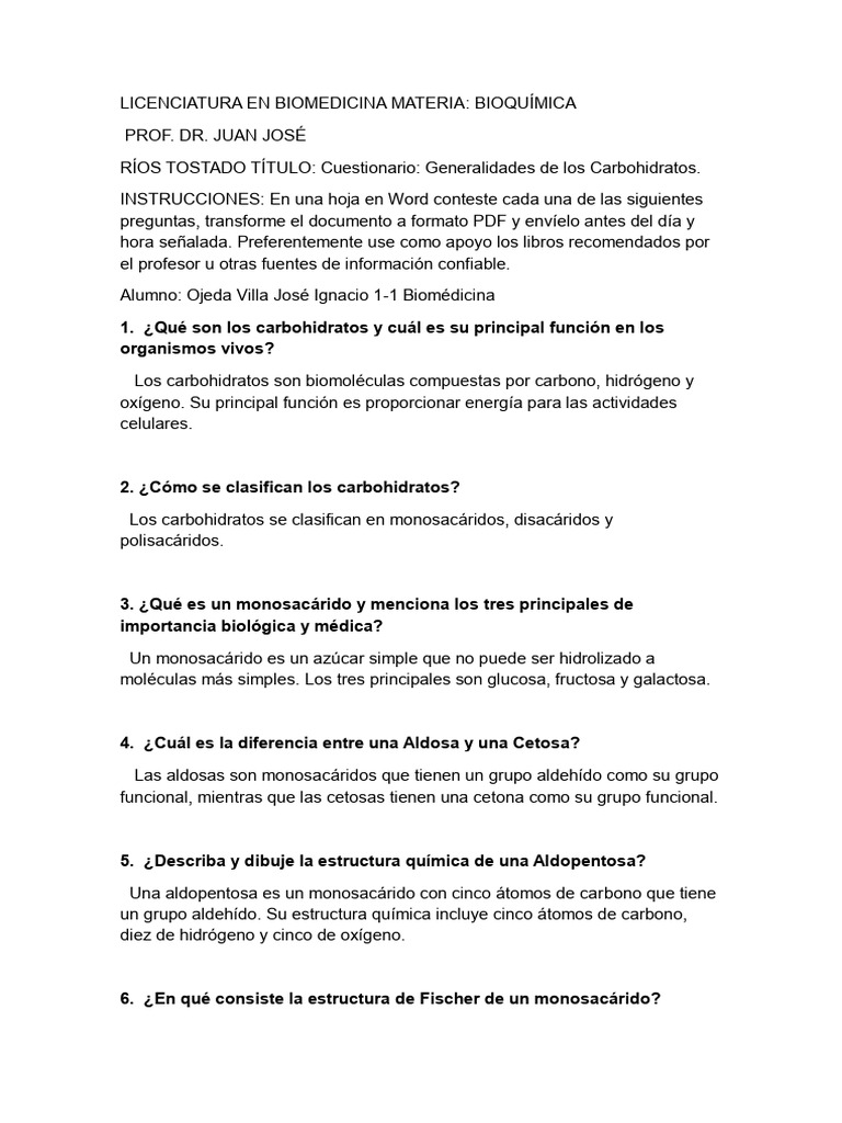 Cuestionario Carbohidratos Ojeda Villa José Ignacio 1-1 | PDF | Carbohidratos | Glucosa