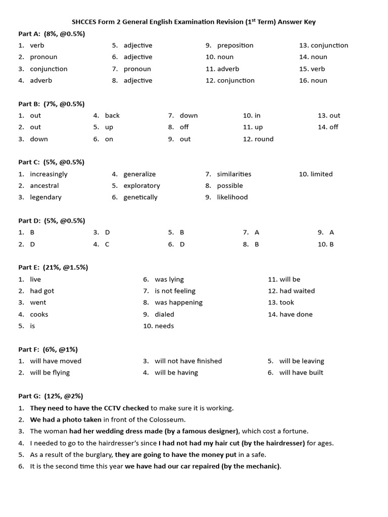 23-24 1st Term Form 2 GE EXAM Revision Key | PDF | Verb | Linguistic ...