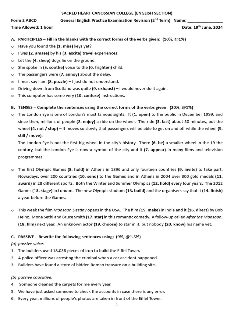 Form 2 English Exam Revision Guide | PDF | Linguistics | Grammar