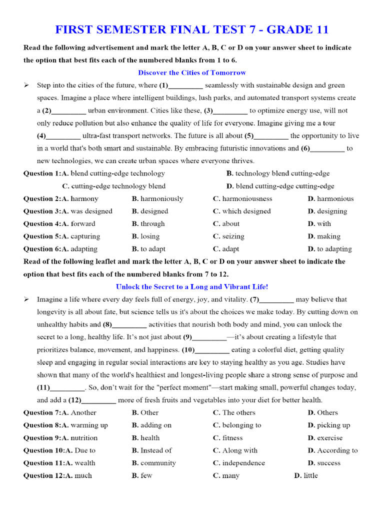 First Semester Final Exam TEST 7 - GRADE 11 - HS. | PDF