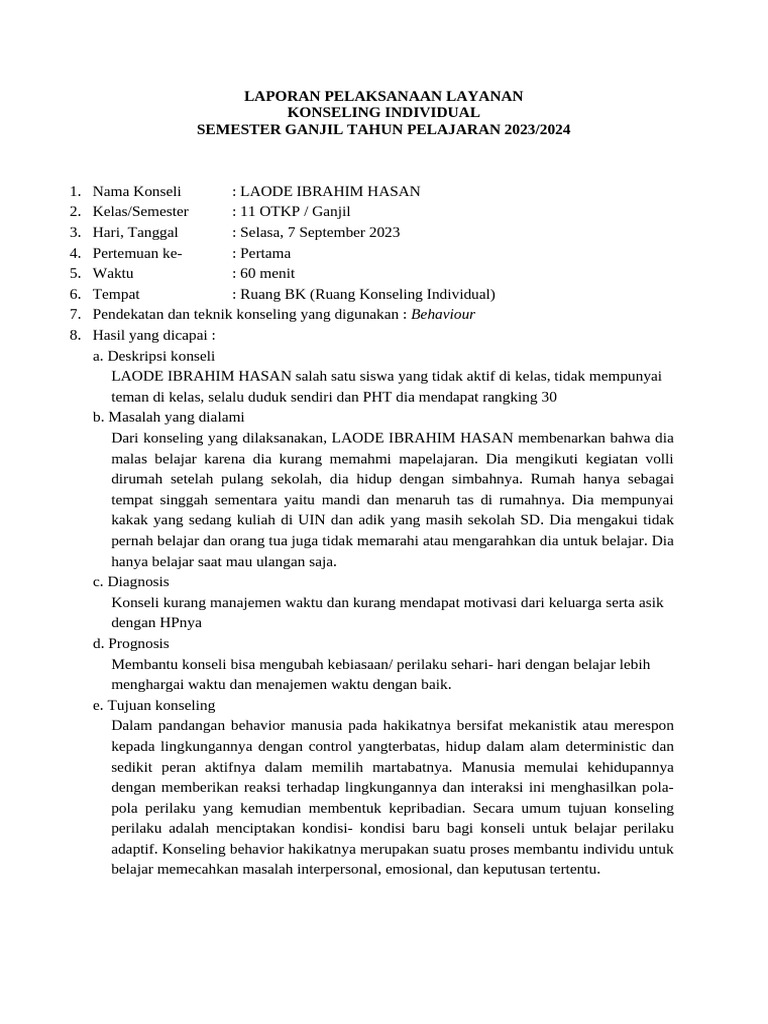 Laporan Pelaksanaan Layanan | PDF