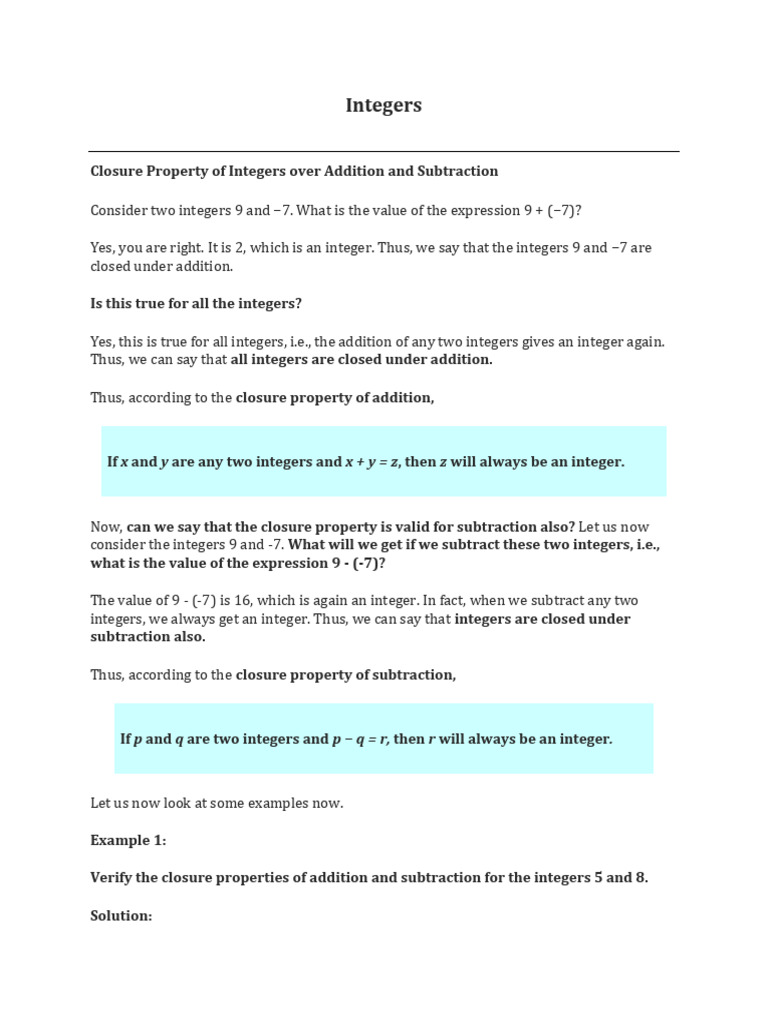 1. INTEGERS | PDF | Multiplication | Subtraction
