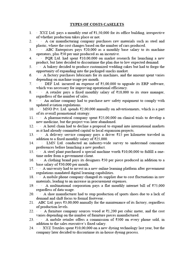 Types of Costs Caselets | PDF | Retail | Fee