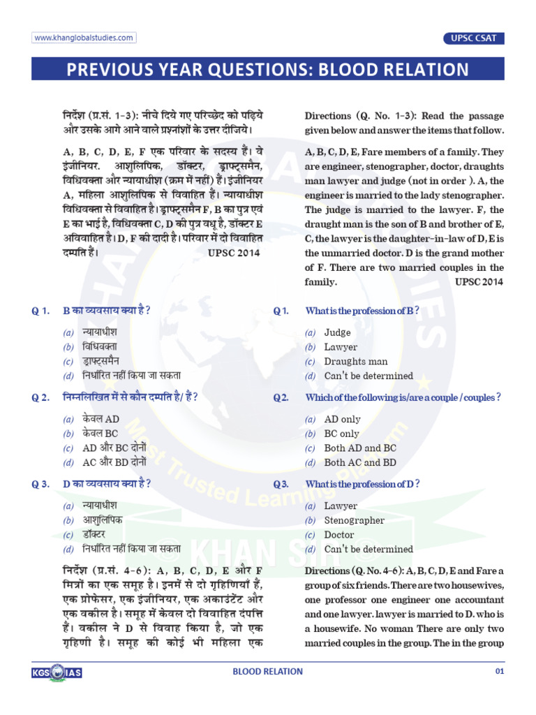 Blood Relation PYQ & Answer Key PDF | PDF