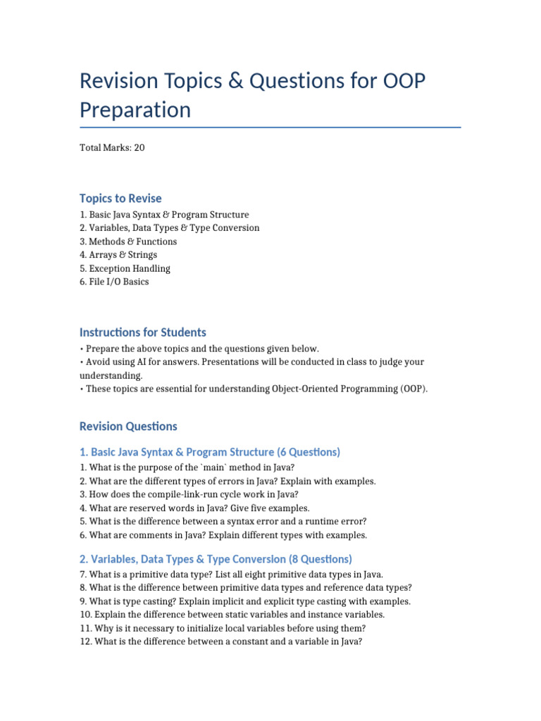 OOP_Preparation_Revision_Topics_and_Questions | PDF | Variable (Computer Science) | Method ...