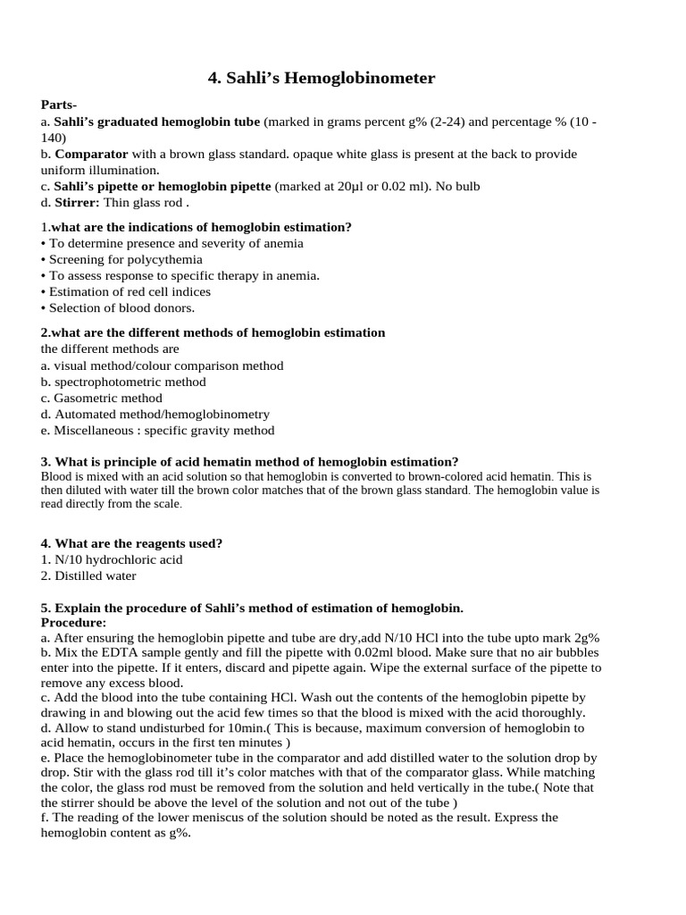 Sahli's Hemoglobinometer Overview | PDF | Cyanide | Hemoglobin
