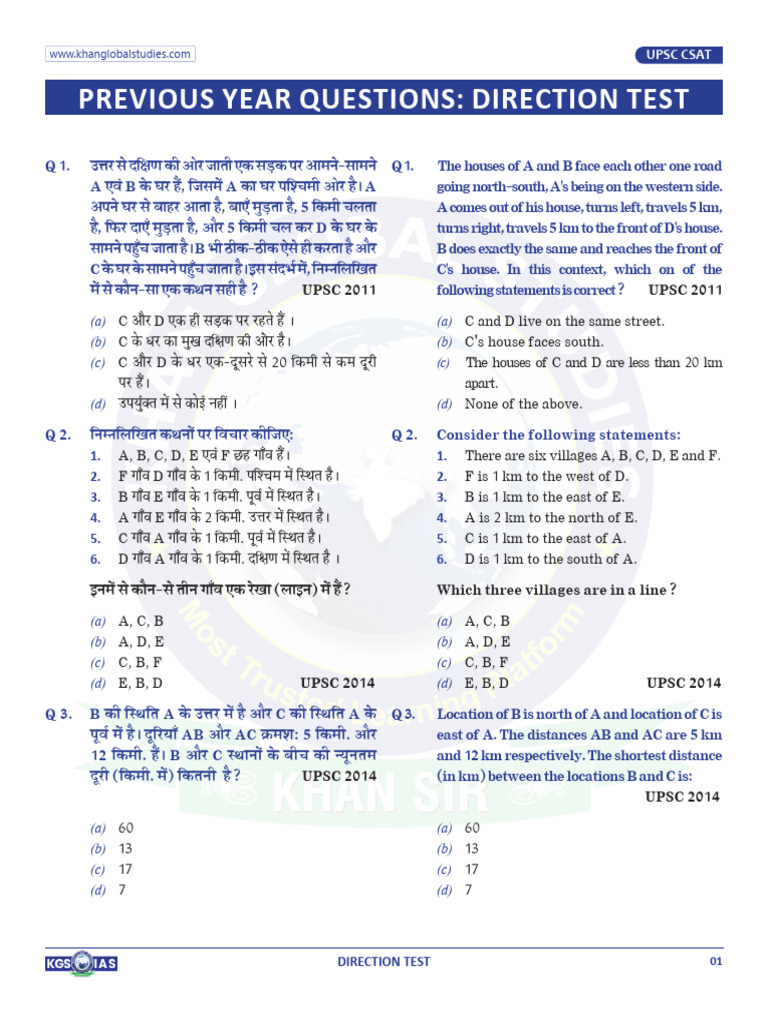 Direction PYQ & Answer Key PDF | PDF