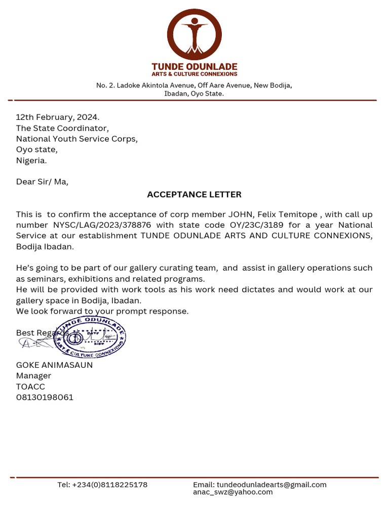 NYSC Acceptance Letter for Corp Member | PDF