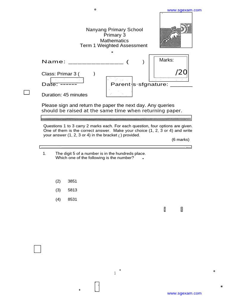 2023 P3 Maths Weighted Assessment 1 and 2 Nanyang | PDF | Mathematics