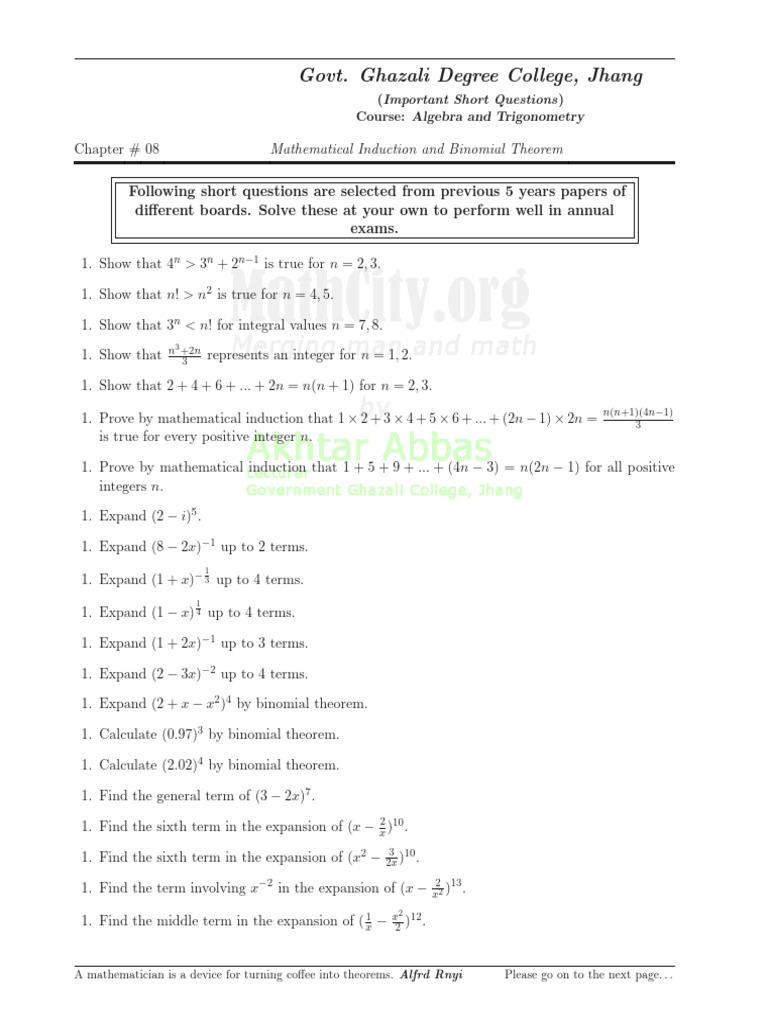 Short Question ch08 FSC Part1 Akhtar Abbas | PDF | Mathematics | Algebra