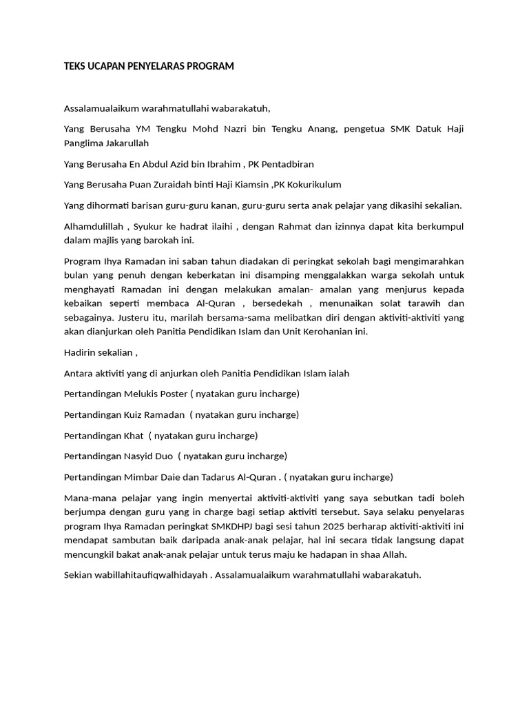 Teks Ucapan Penyelaras Program | PDF