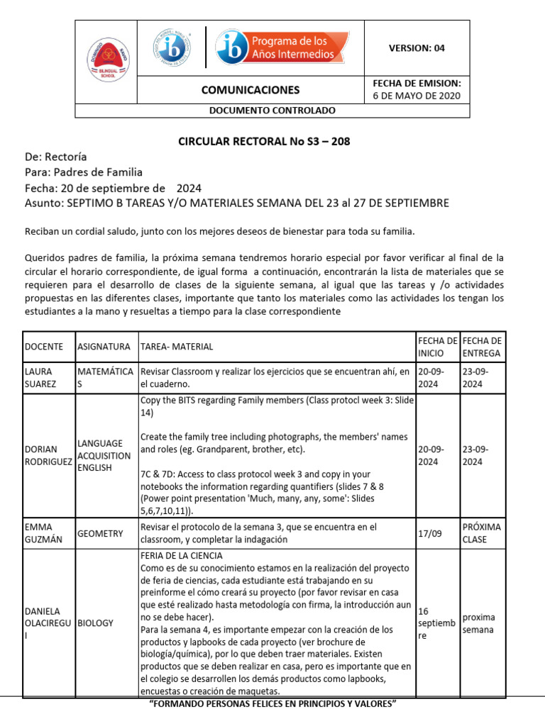 CIRCULAR RECTORAL No S3 - 208 SEPTIMO B TAREAS Y-O MATERIALES SEMANA DEL 23 Al 27 DE SEPTIEMBRE ...