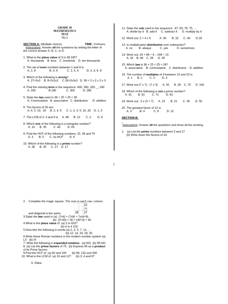 GRADE 10 MATHS TEST No 1 | PDF | Multiplication | Mathematical Analysis