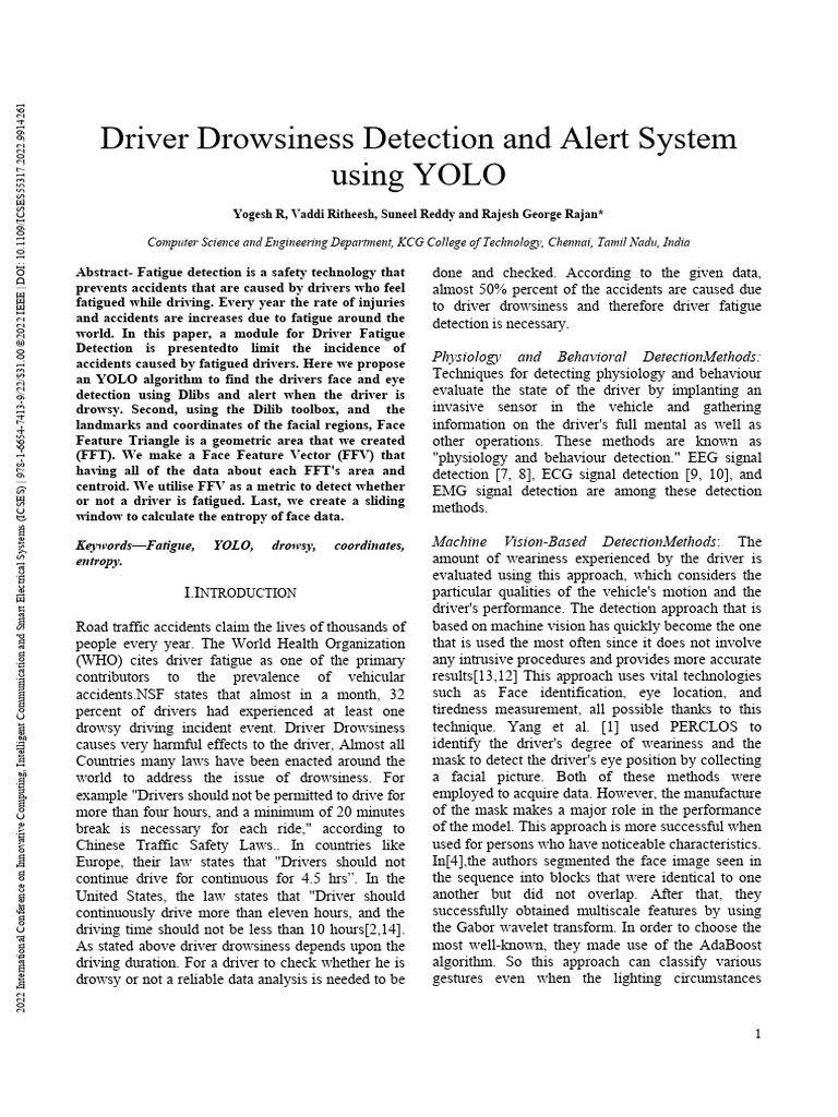 Driver Drowsiness Detection and Alert System Using YOLO | PDF