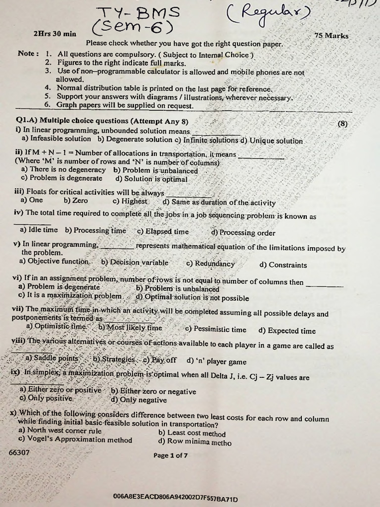 Ty Bms Sem-6 Fin. (May 2019) | PDF | Option (Finance) | Linear Programming