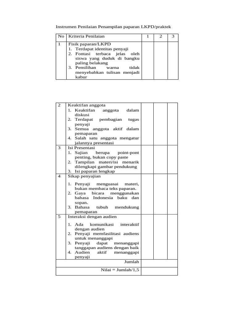 Instrumen Penilaian Penampilan Paparan LKPD | PDF