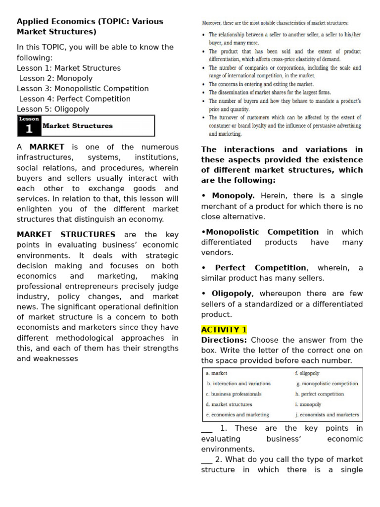 q3 Applied-Economics Market Structure | PDF | Monopoly | Market (Economics)