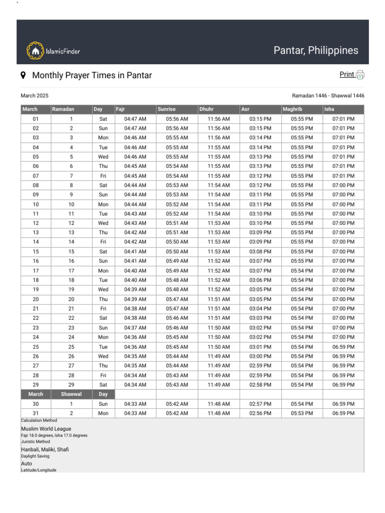 Ramadhan 2025 Prayer Times | PDF | Ramadan | Islamic Fundamentalism