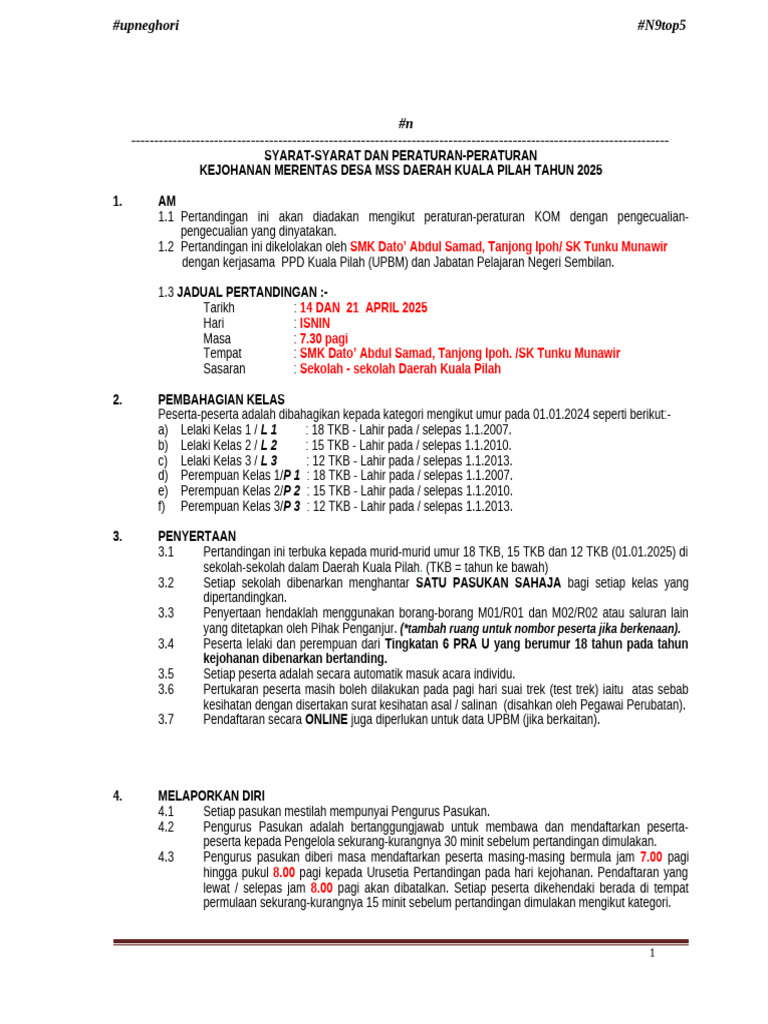 Kejohanan Merentas Desa MSS Kuala Pilah 2025 | PDF