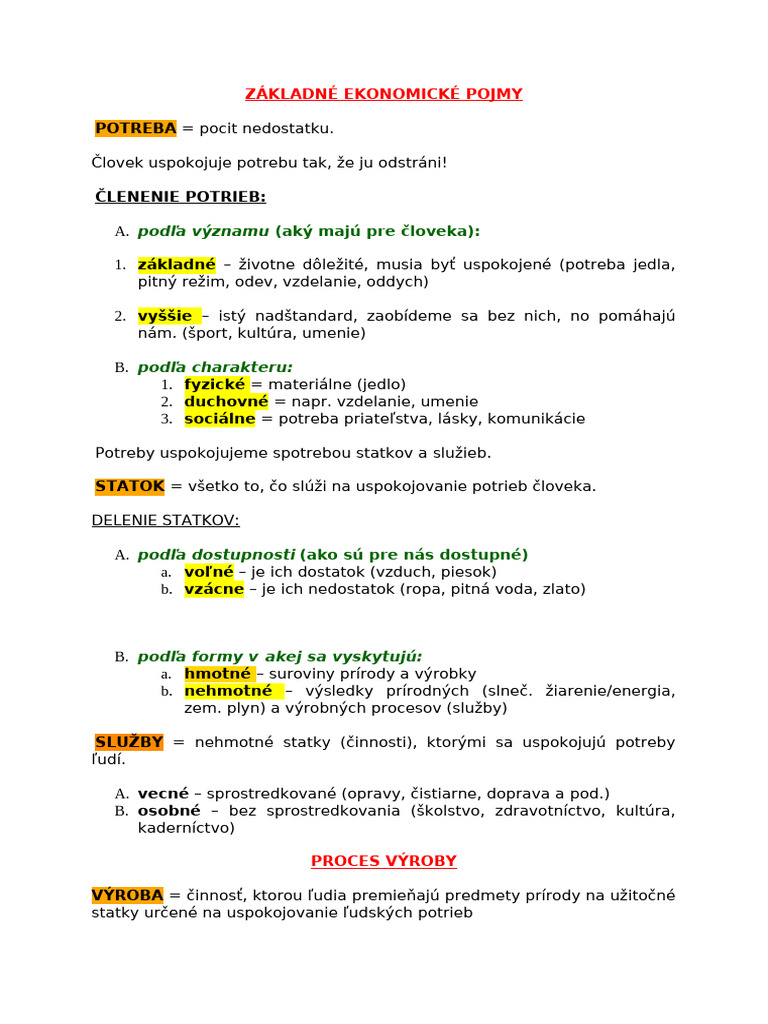 ZÁKLADNÉ EKONOMICKÉ POJMY | PDF