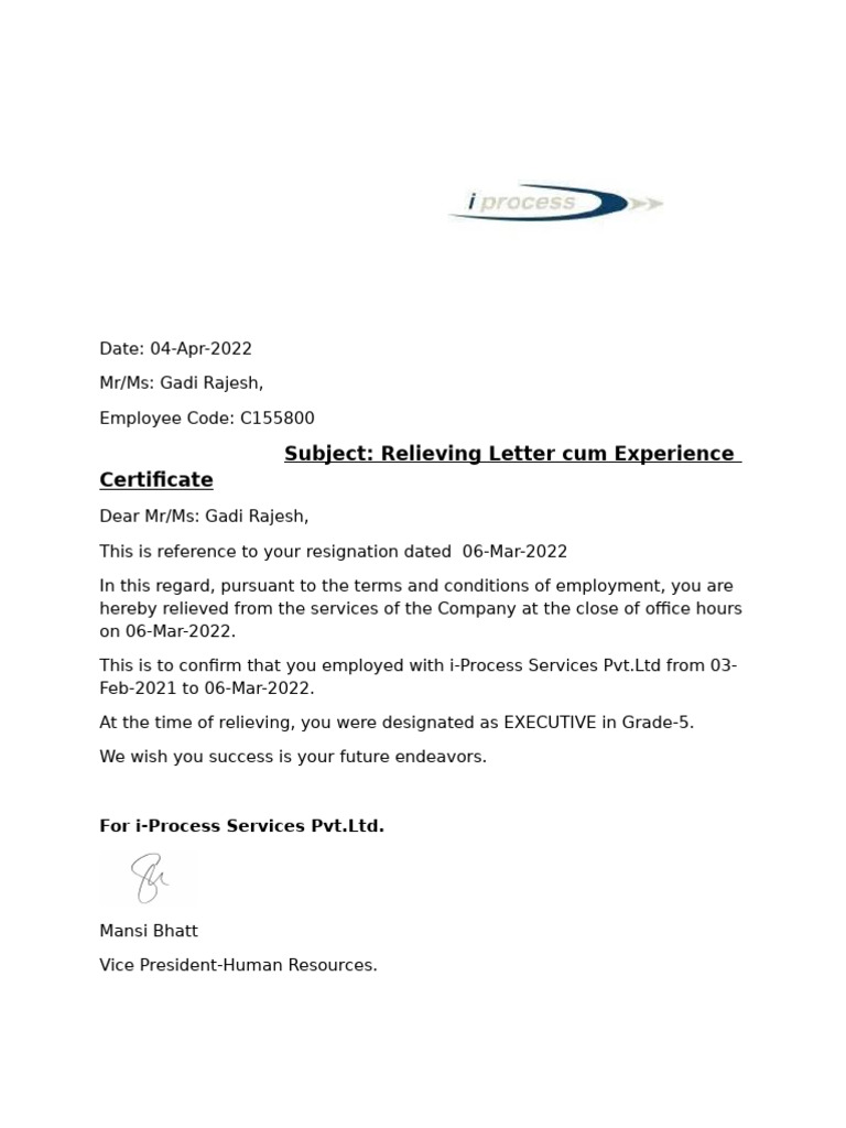 RELIEVING LETTER | PDF
