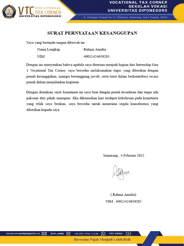 Surat Pernyataan Kesanggupan Internship | PDF