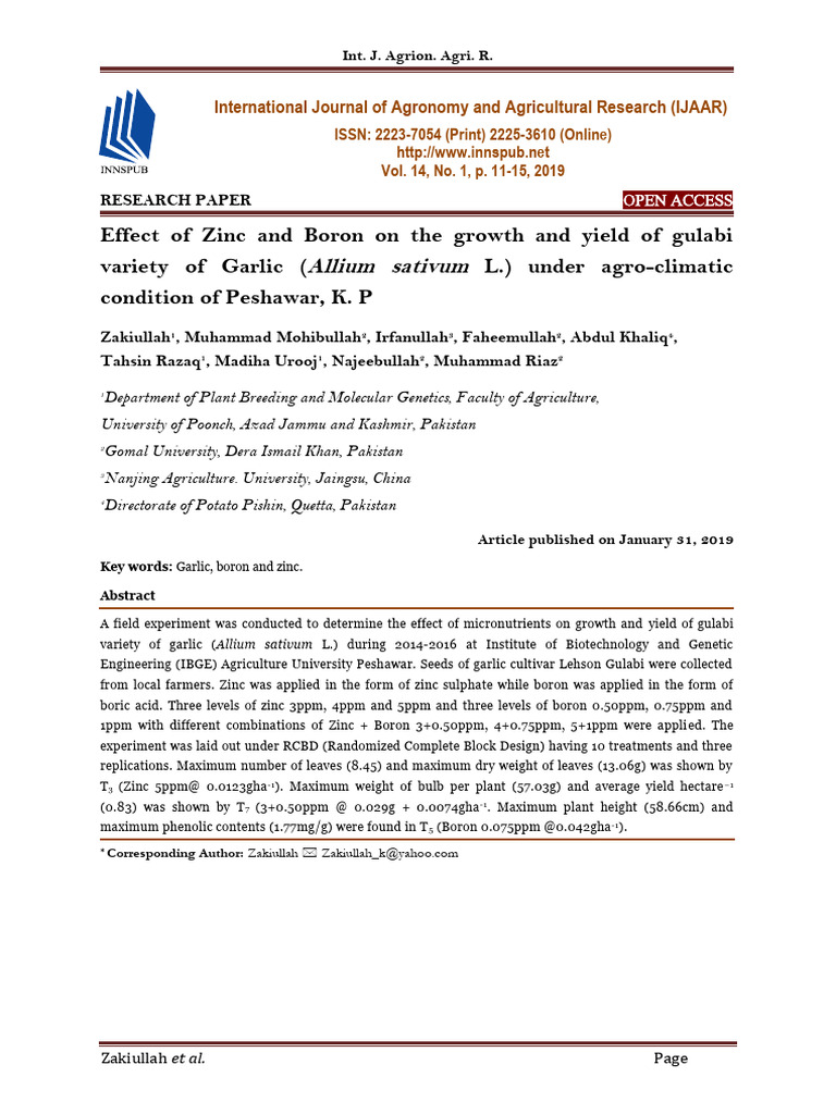 Effect of Zinc and Boron On The Growth and Yield of Gulabi Variety of ...