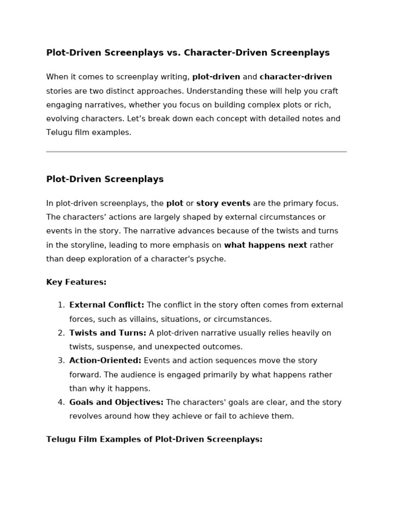 Plot Driven Screenplay and Character Driven Screenplay | PDF | Narrative | Plot (Narrative)