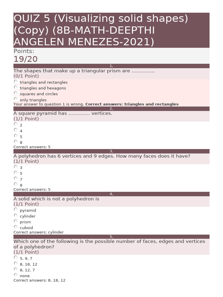 QUIZ 5 (Visualizing Solid Shapes) (Copy) (8B-MATH-DEEPTHI ANGELEN MENEZES-2021) | PDF | Triangle ...