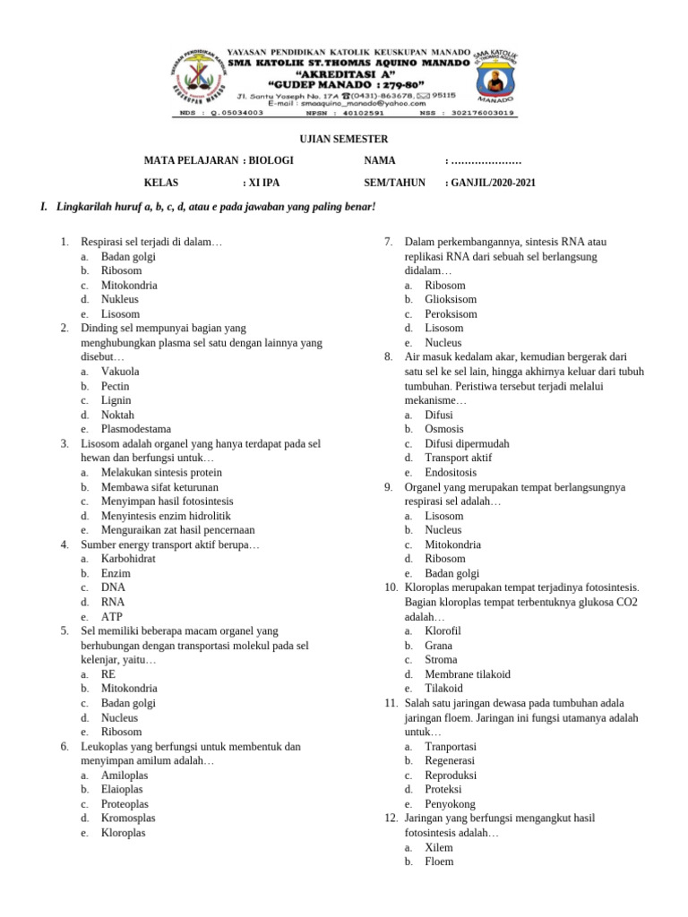 Soal bio Semester ganjil TA 2020-2021 kelas XI IPA | PDF