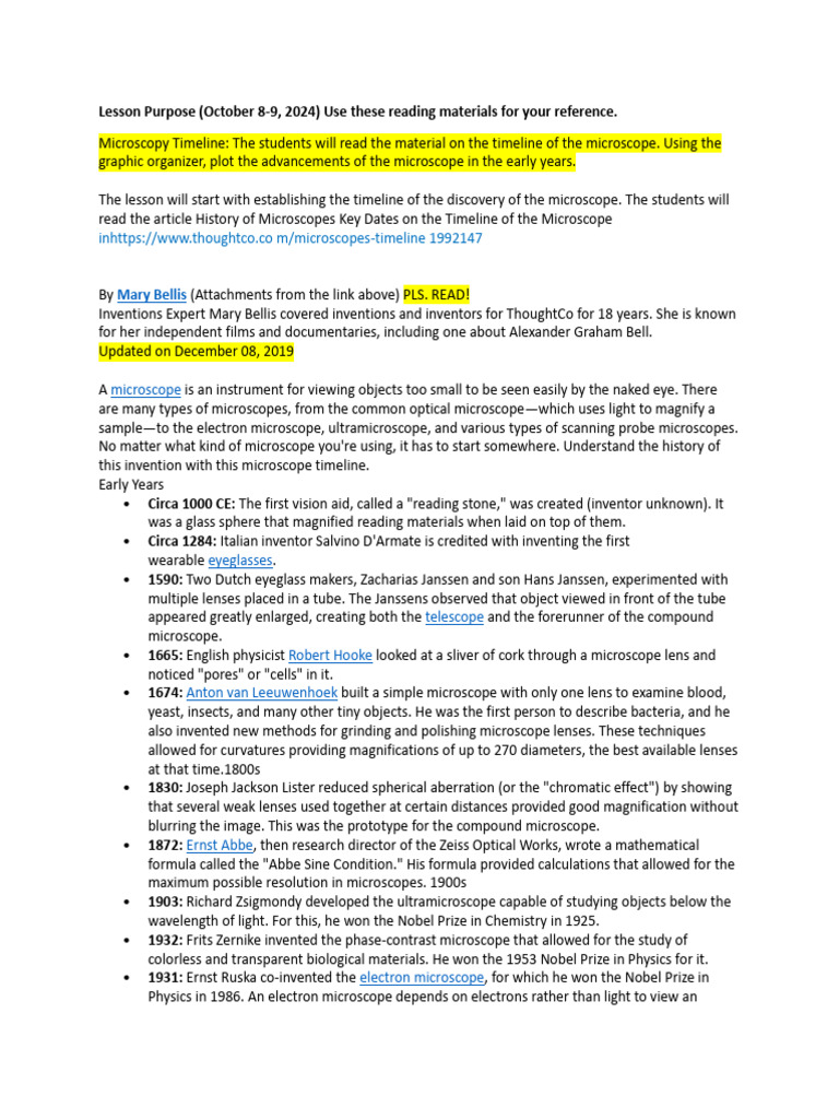 Microscopy Timeline Self Reading Comprehension | PDF | Microscope ...