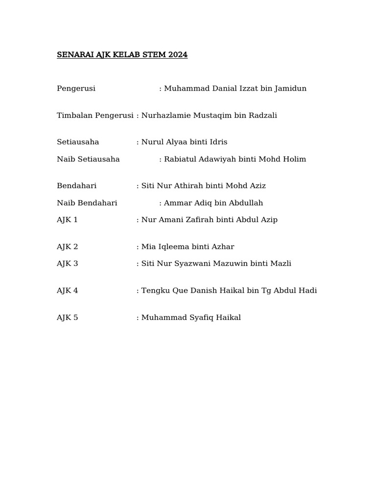 Senarai Ajk Kelab Stem 2024 | PDF
