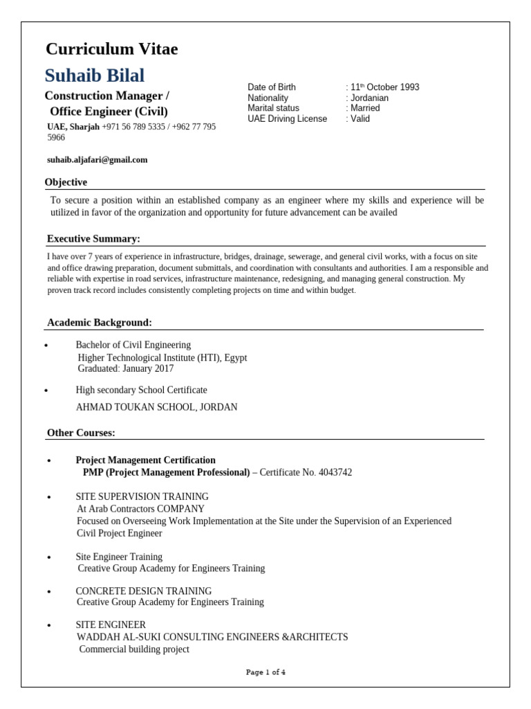 Civil Engineer CV - Suhaib Bilal | PDF