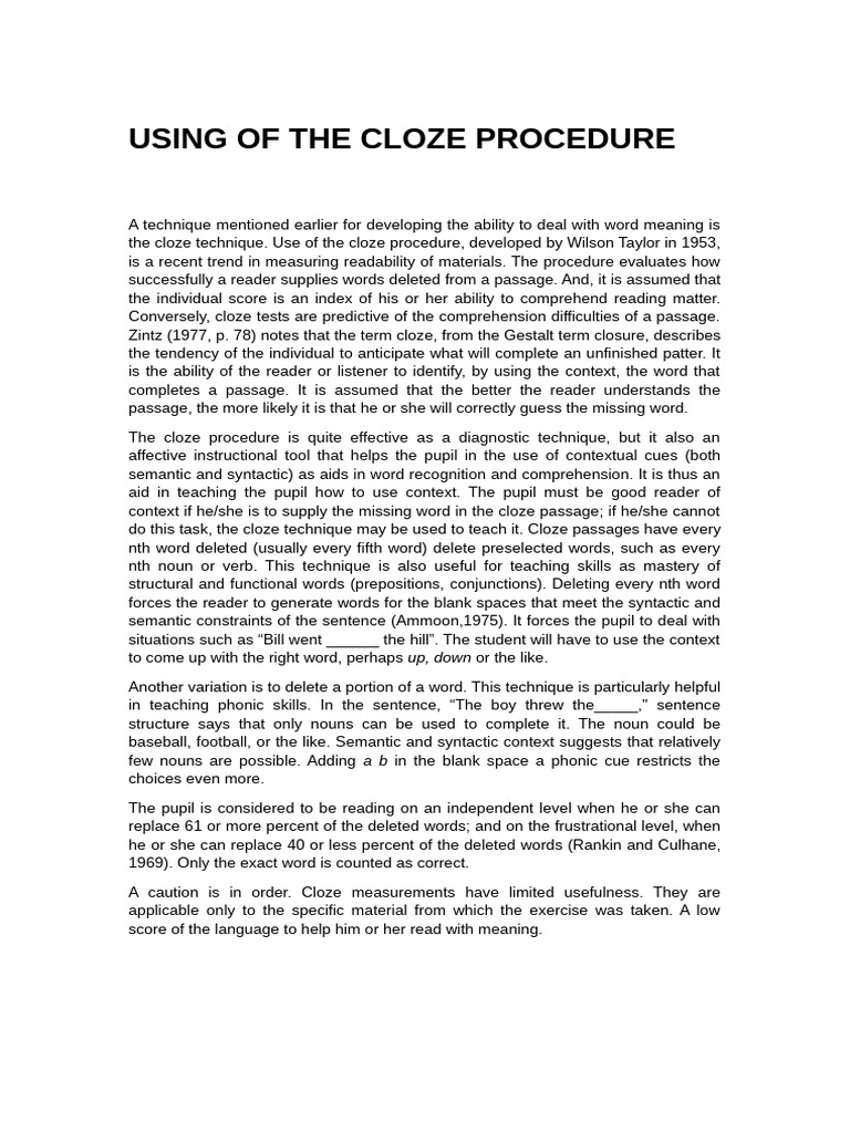 Understanding the Cloze Procedure | PDF | Reading Comprehension ...