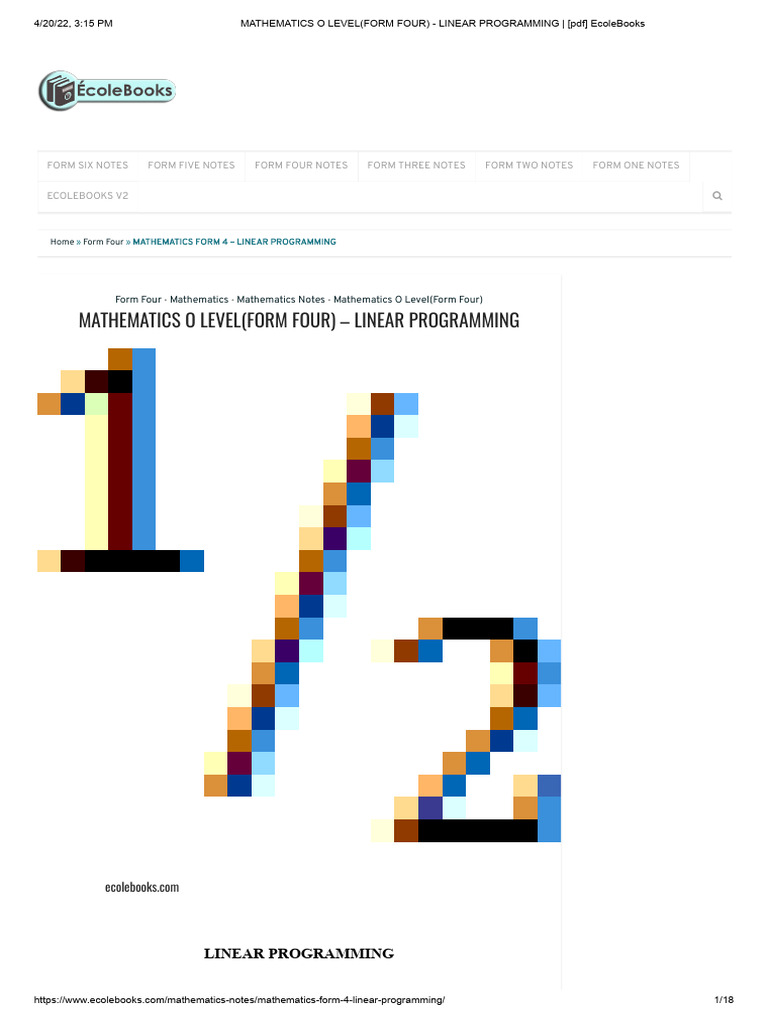 Mathematics O Level Form Four Linear Programming [pdf] Ecolebooks Pdf Mathematical