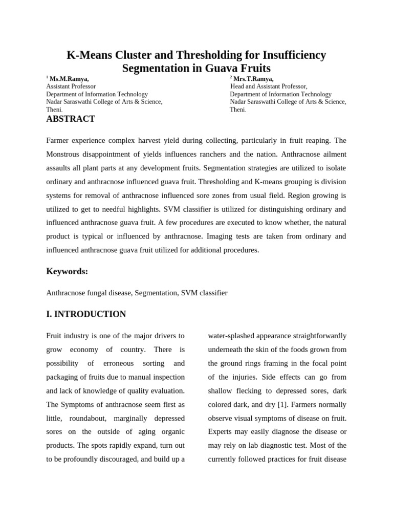 K-Means Cluster and Thresholding For Insufficiency Segmentation in Guava Fruits | PDF | Image ...