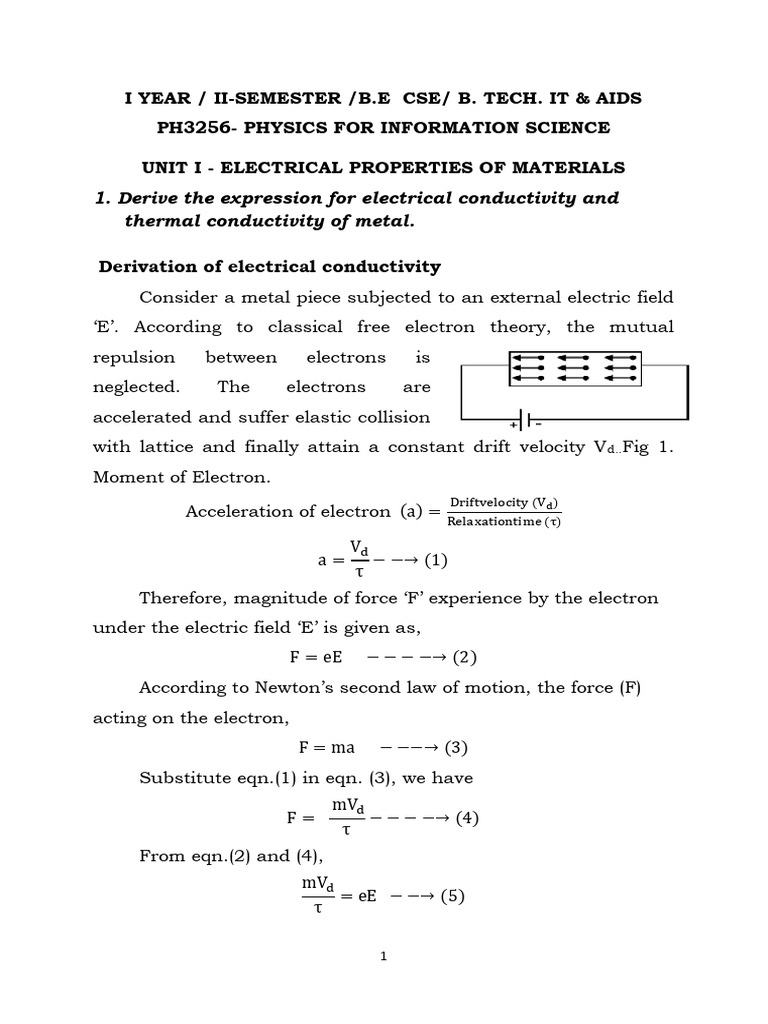 Cse Unit I Part A & B - Electrical Properties of Materials | PDF | Temperature | Energy Level