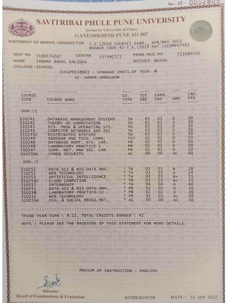 BE 3rd Year Marksheet Official | PDF