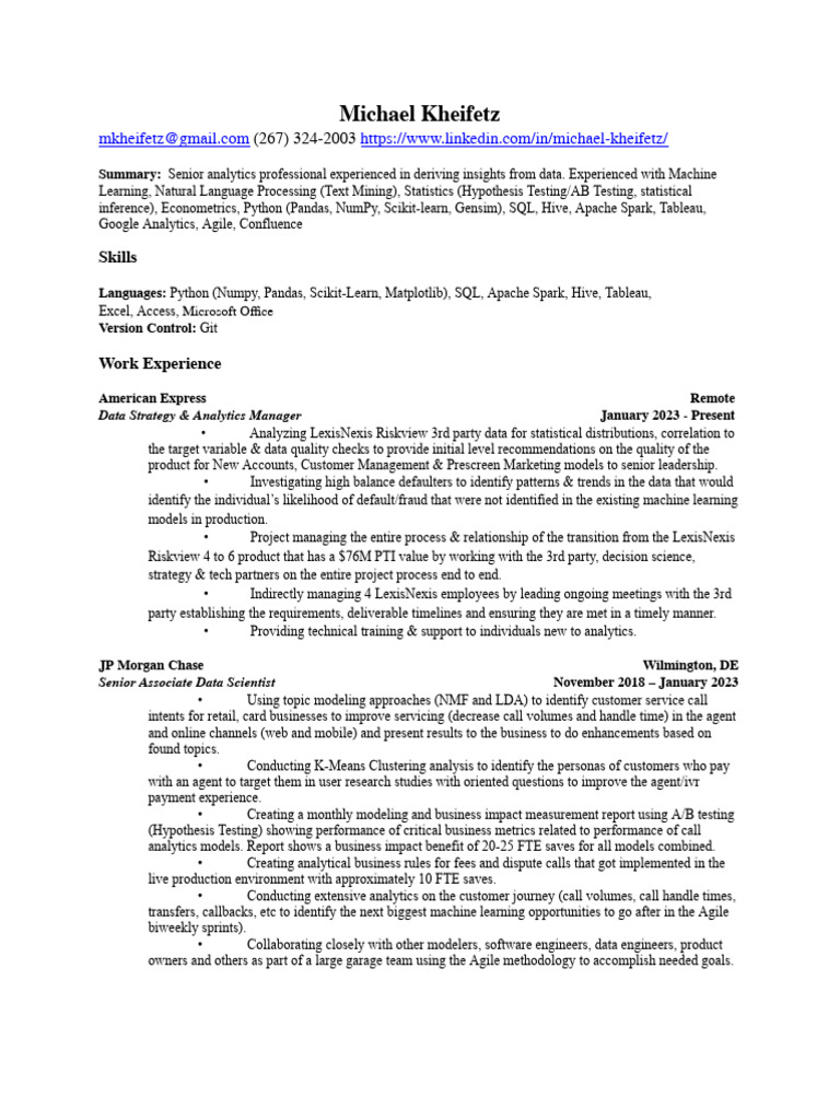 Data Science Resume 2.2.25 | PDF | Logistic Regression | Analytics