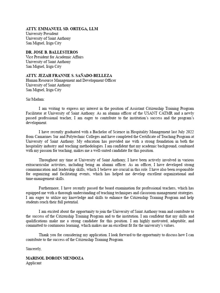 COVER LETTER - USANT | PDF | Teachers | University