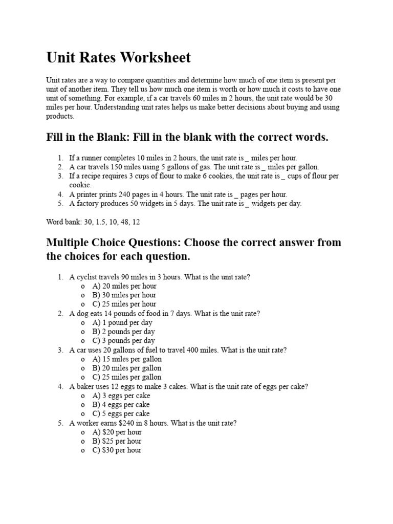 Worksheet 4 - Unit Rates | PDF