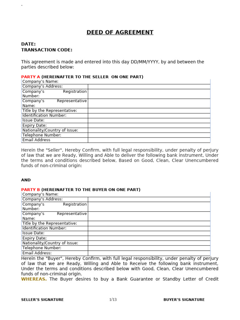 Ronnald-Tx-Provider-Purchase Sblc-Draft Doa - WRD | PDF | Letter Of ...