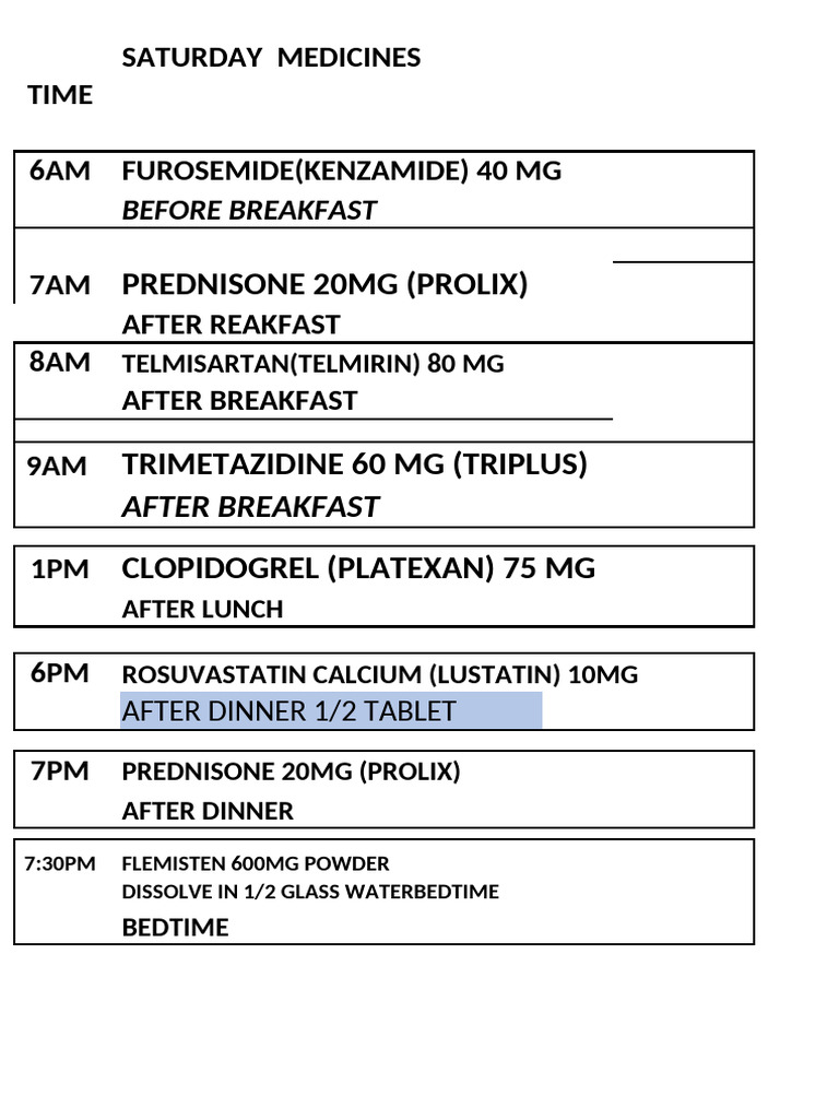 Tatay Berto Medicine Schedules | PDF | Pharmaceutical Sciences | Meal